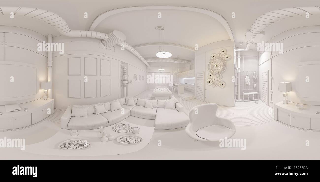 3d render spherical 360 degrees, seamless panorama of an one-room ...