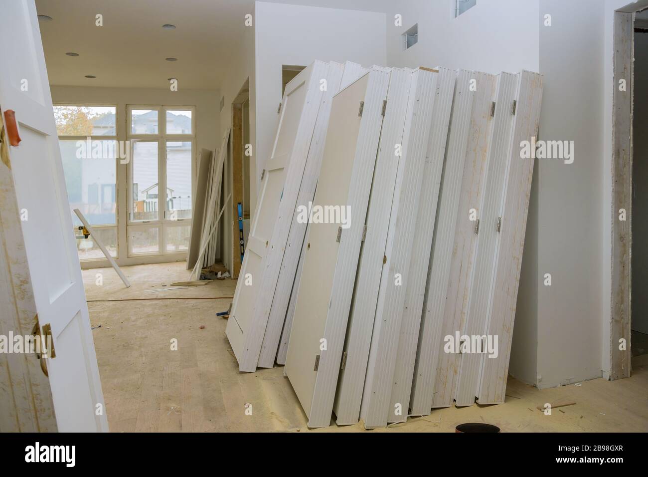 Door installed construction materials with interior construction of ...