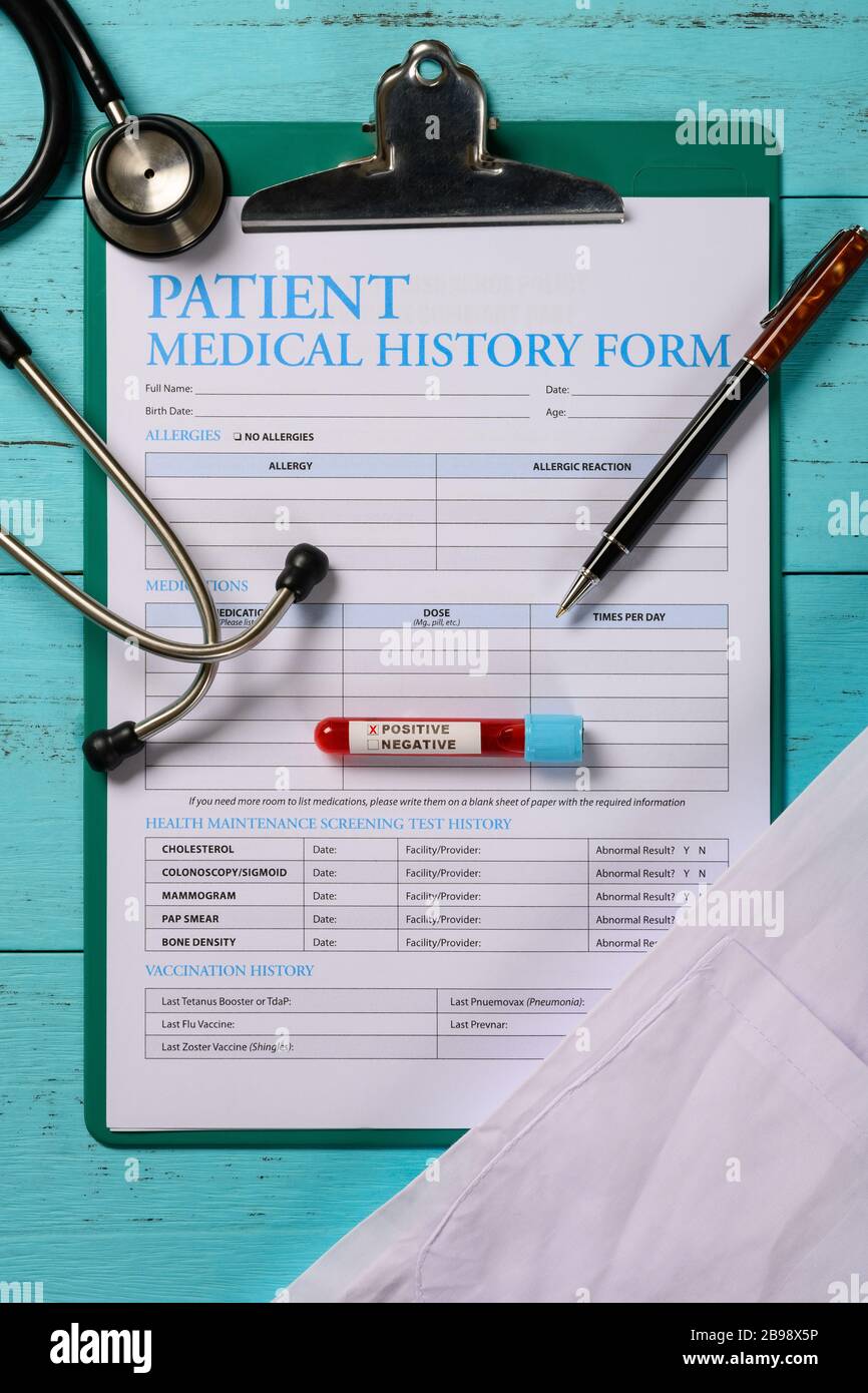 blood test tube with positive result and the patient history form the X ...
