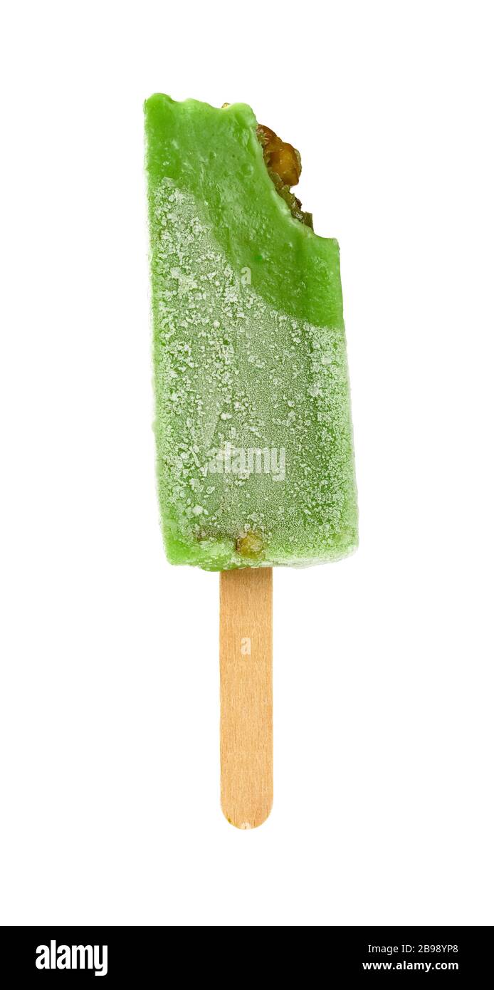 green bean popsicle with couple of bites on a white background Stock ...