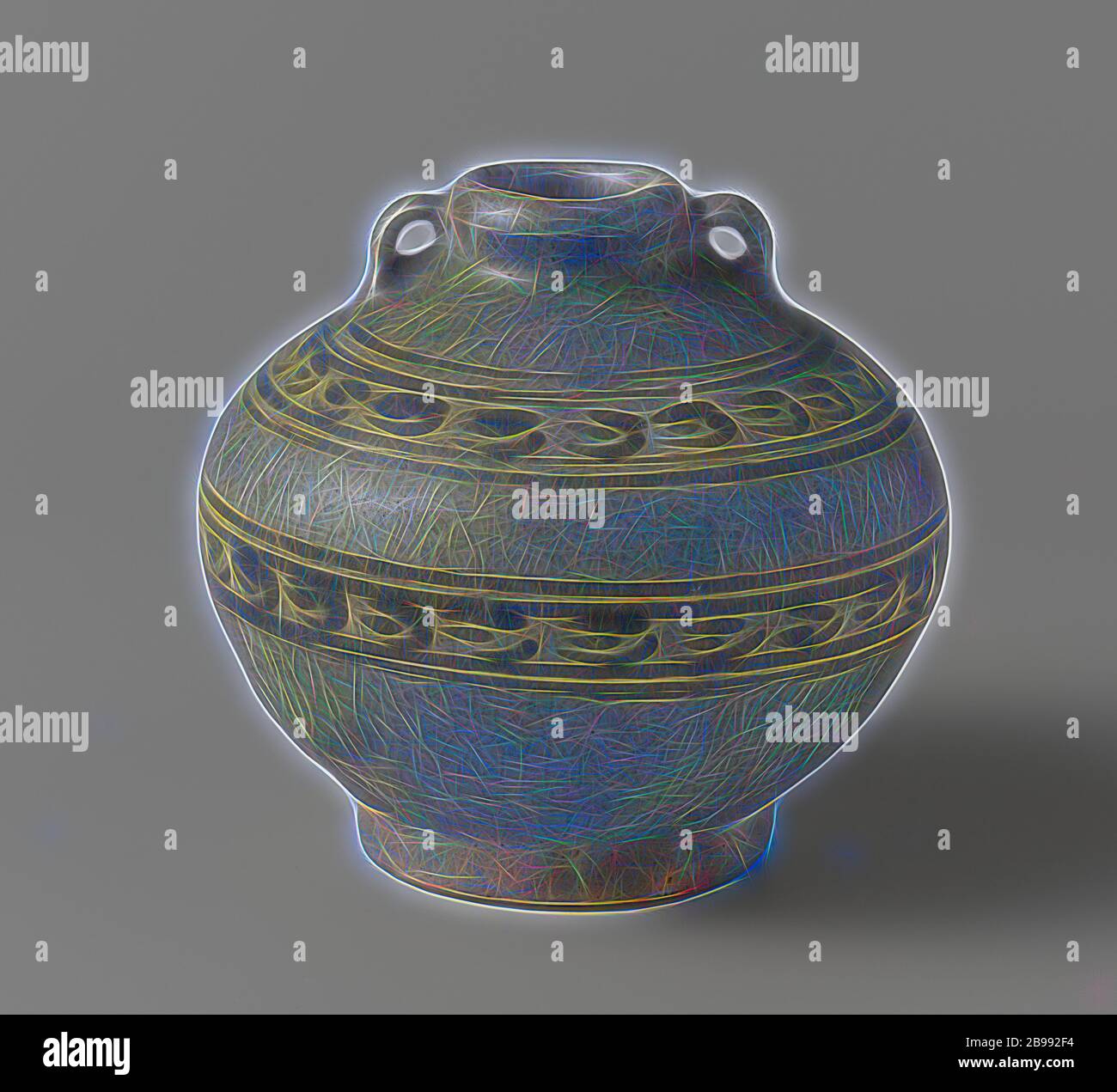 Jar with two ornamental borders, Pot of stoneware with a spherical body ...