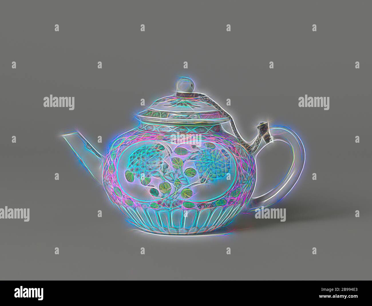 Squat, round-bodied teapot with flower sprays, scrolls and silver mount ...