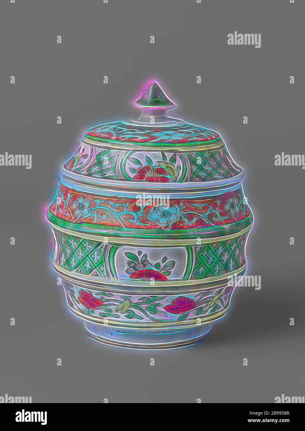 Barrel-shaped covered jar with flower scrolls and geometric patterns ...