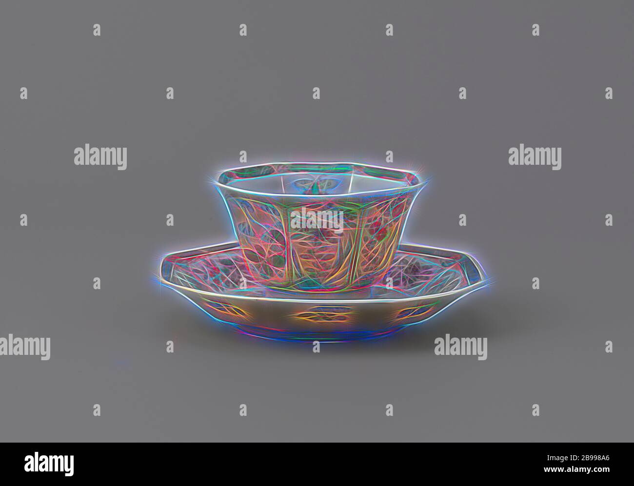 Octagonal cup and saucer with light brown, animals and flower sprays ...