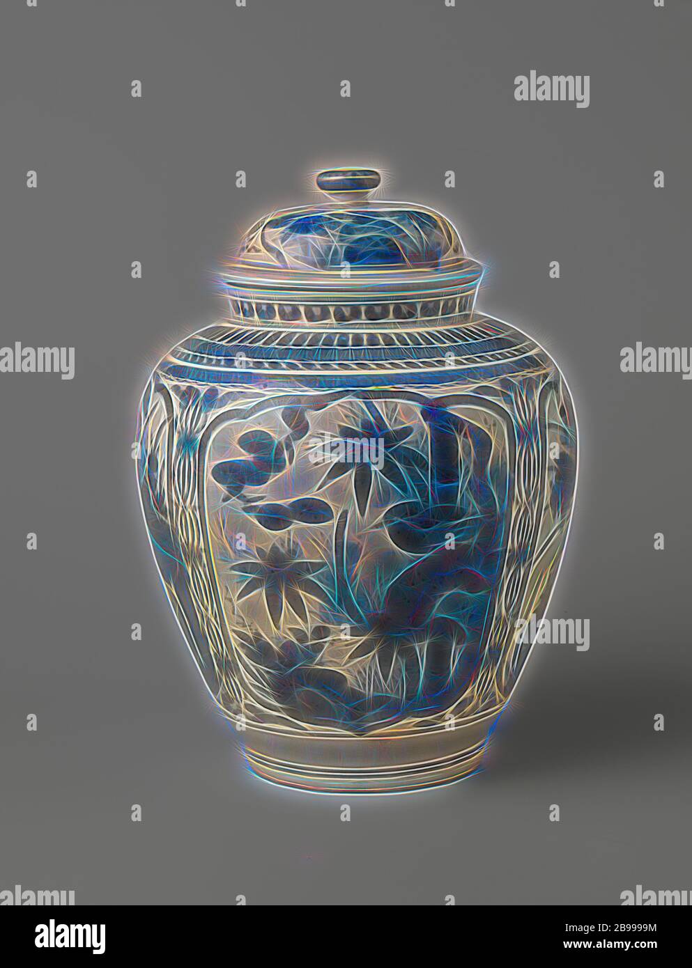 Ovoid covered jar with flowering plants in panels and ornamental ...