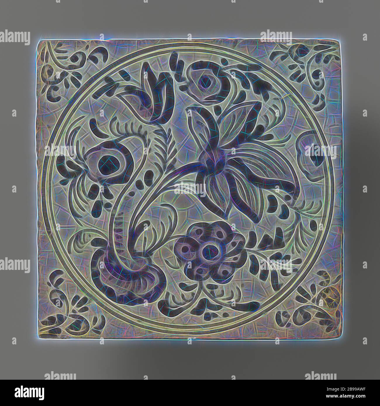 Tile, Majolica tile, painted in purple. In an circle an asymmetrical ...