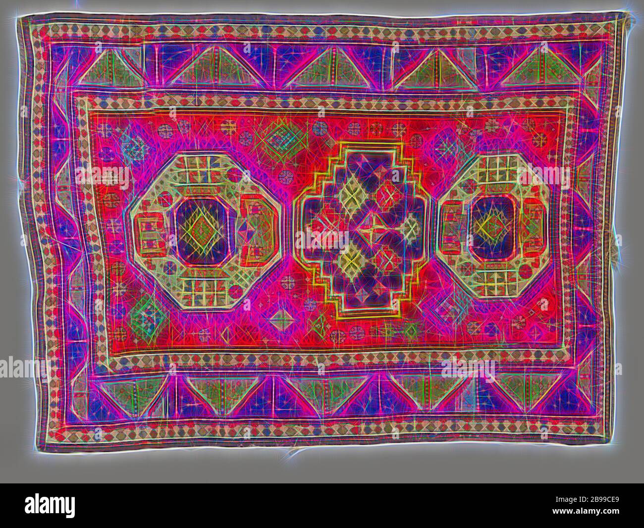 Carpet with three medallions filled with geometric figures on red ...