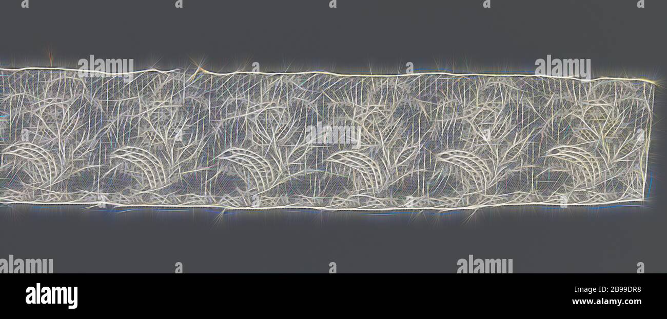 Strip of bobbin lace with calyx from which four narrow feathered plumes ...