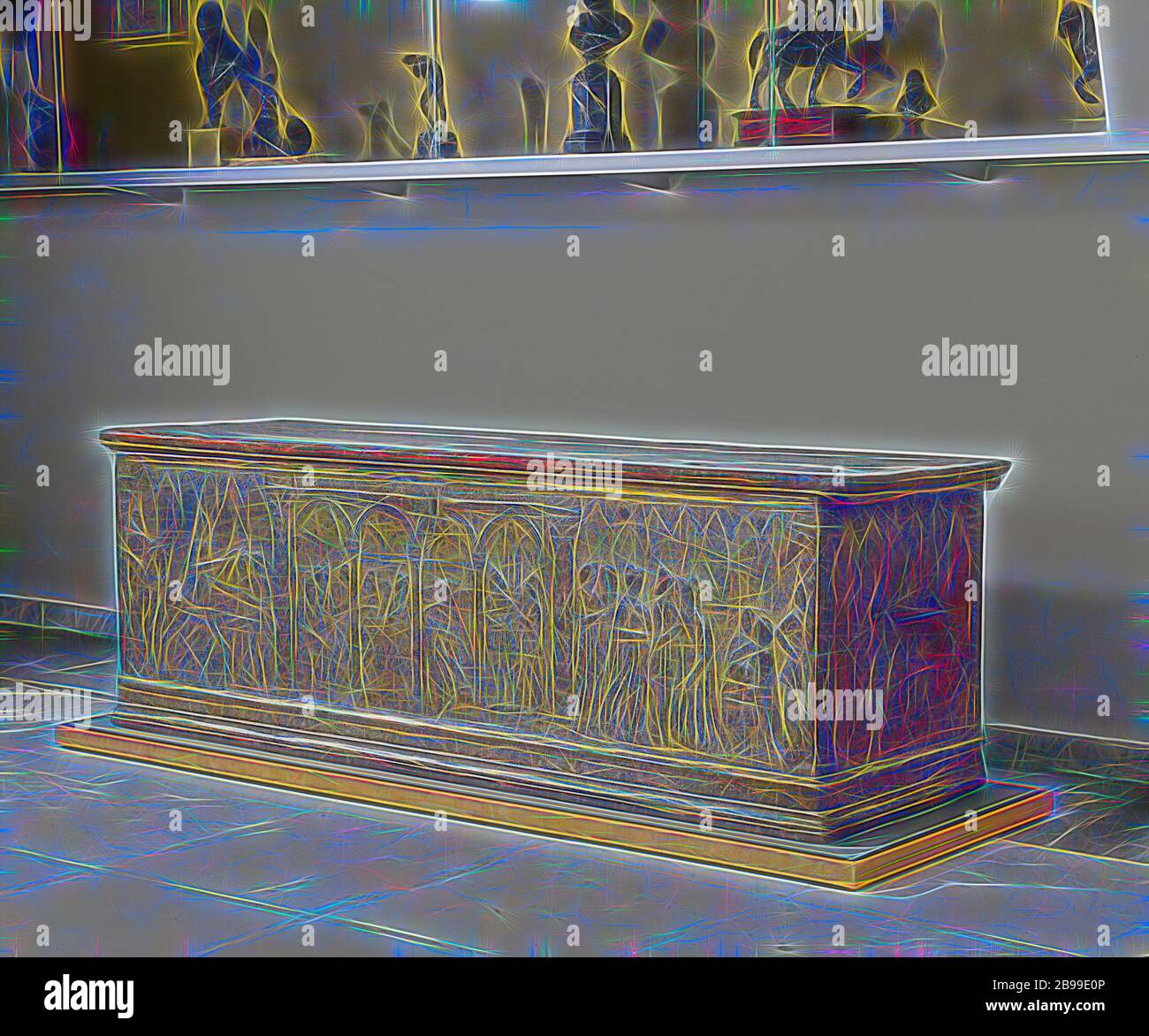 Gilded poplar wood chest, front plate decorated with reliefs in stucco ...