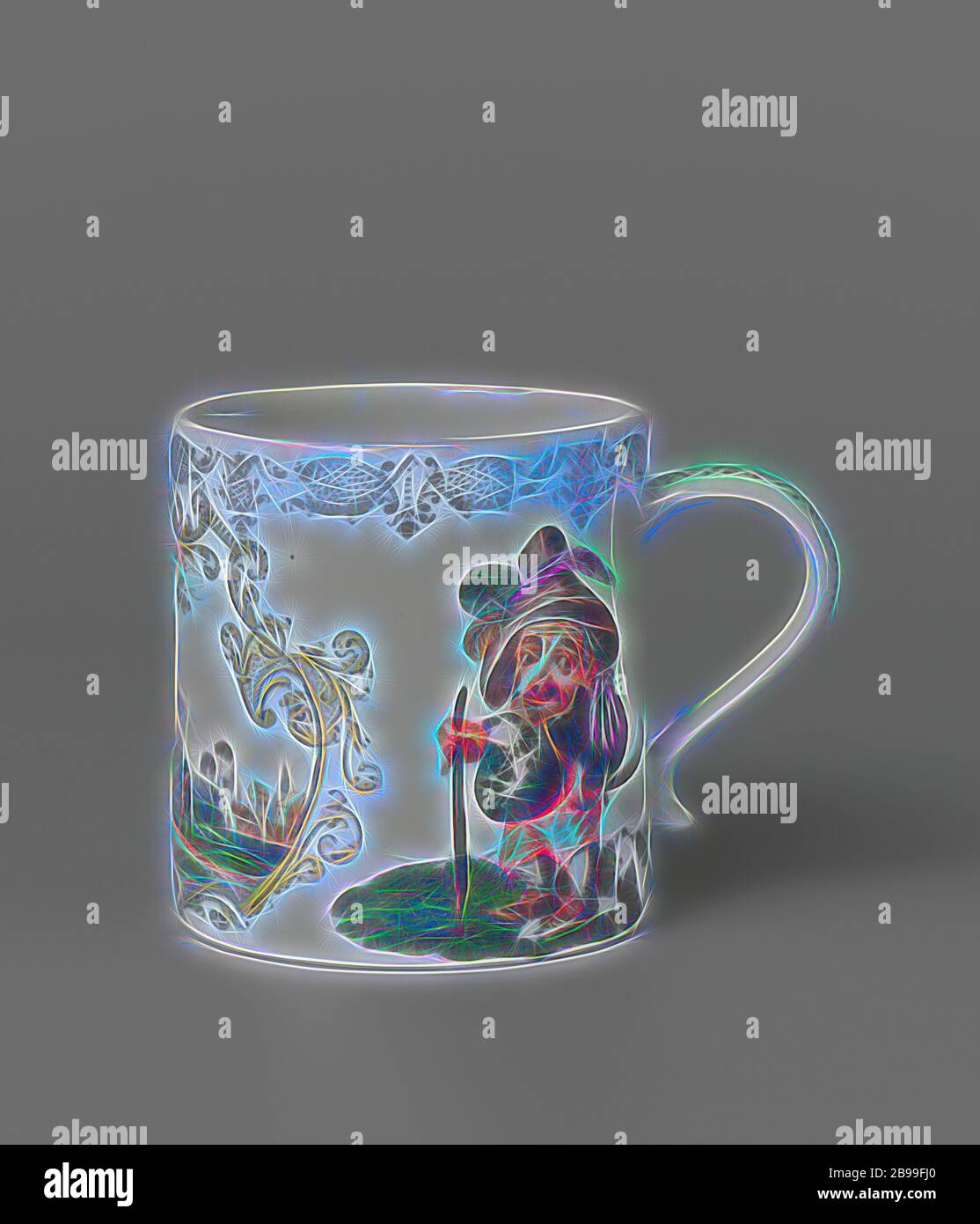 Cup with an ear, multicolored painted with a representation of the ...