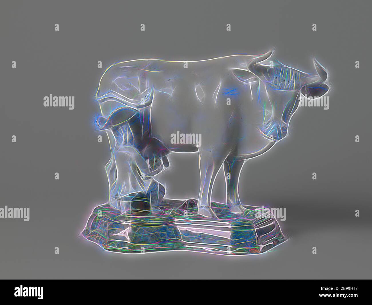 Cow with milk star, on green pedestal, Sculpture of faience. An ...