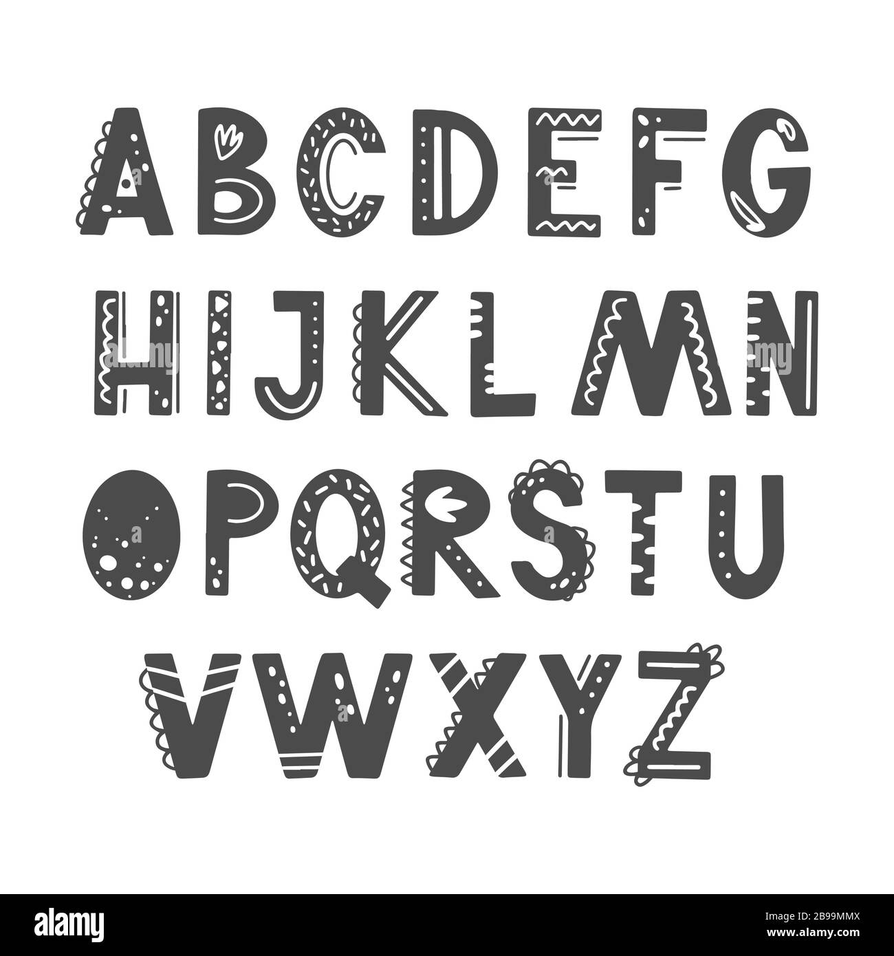 Funny kids alphabet with hand drawn elements in scandinavian style for ...