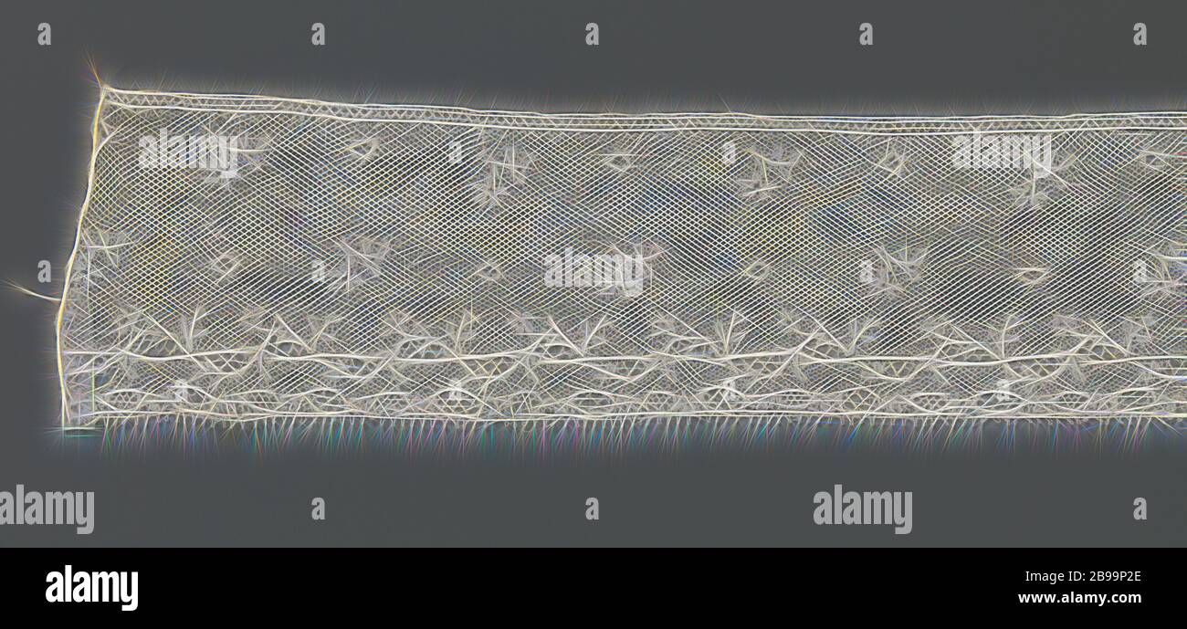 Strip of bobbin lace with fine crank around straight line under scatter ...