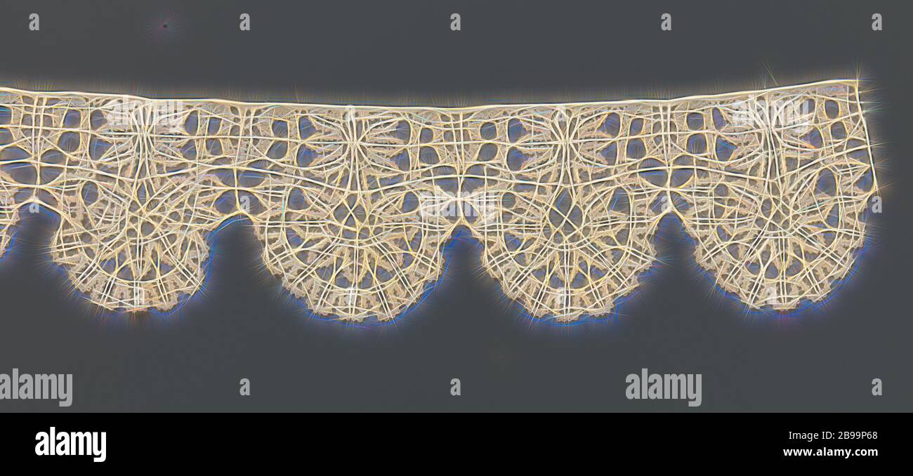 Strip of bobbin lace with seven-lobed flower in eleven-lobed shell ...