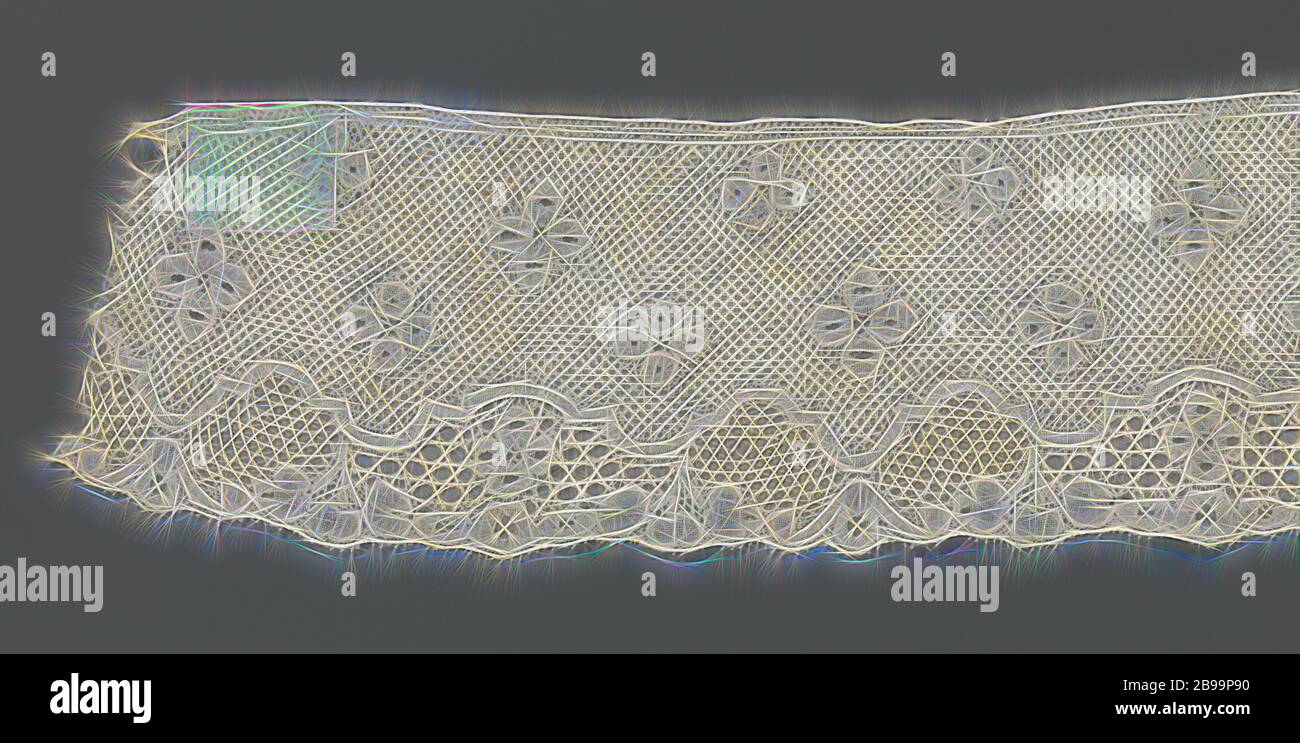 Strip of bobbin lace with symmetrical pattern around a continuous ...