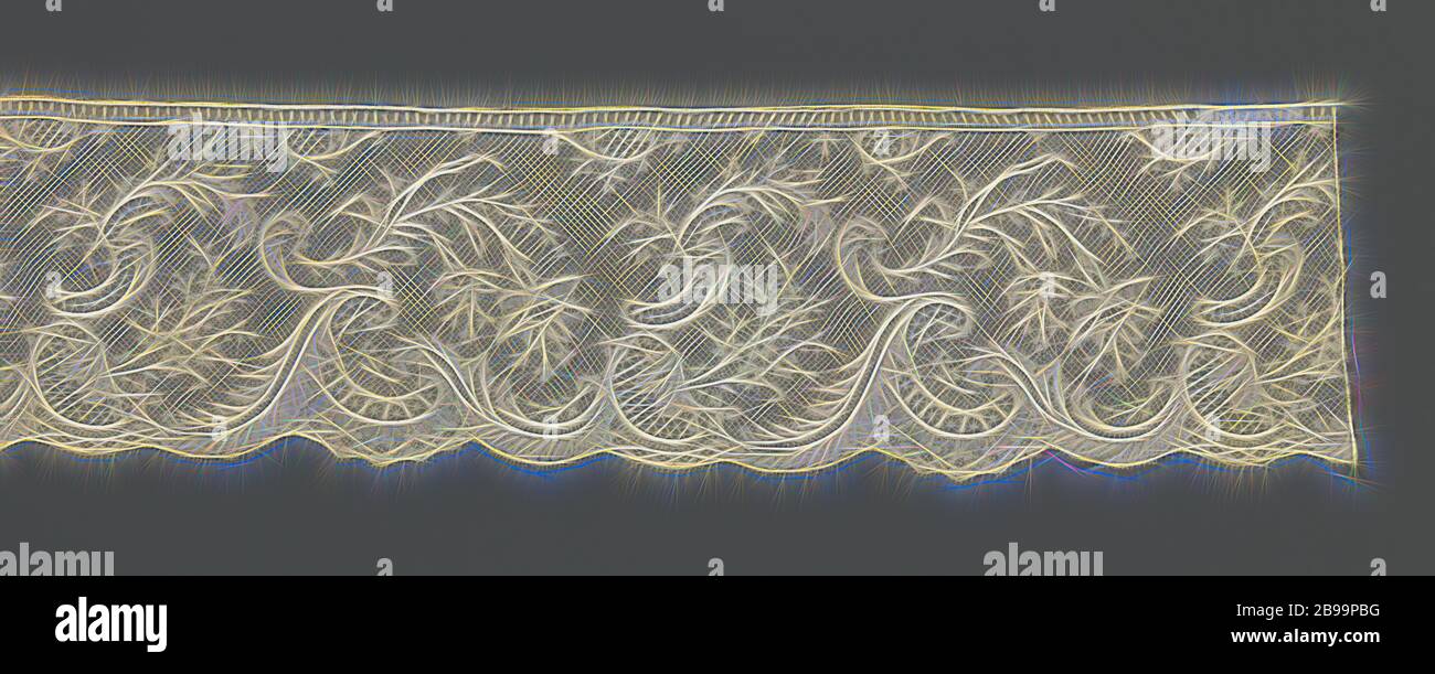 Strip of bobbin lace with fuchsias above skipping waves, Strip of ...