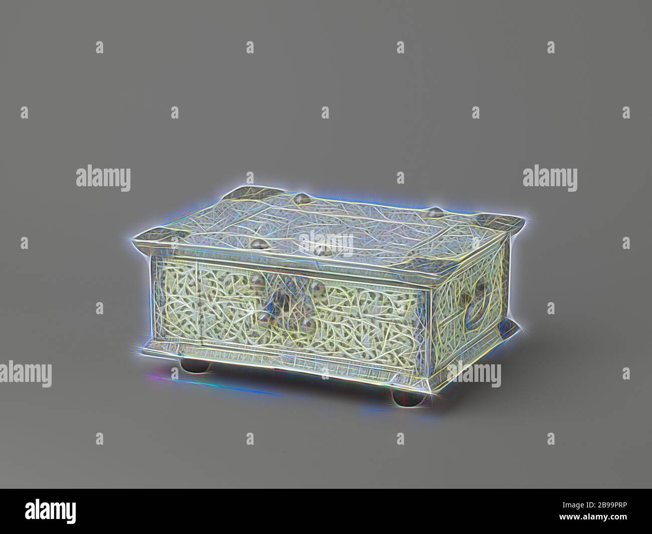 Coffin, decorated with openwork ivory plates against a reflective ...