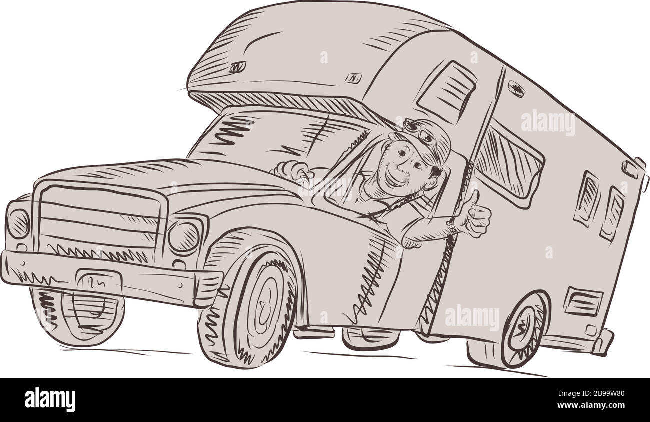 Drawing sketch style illustration of a camper van driver extending ...
