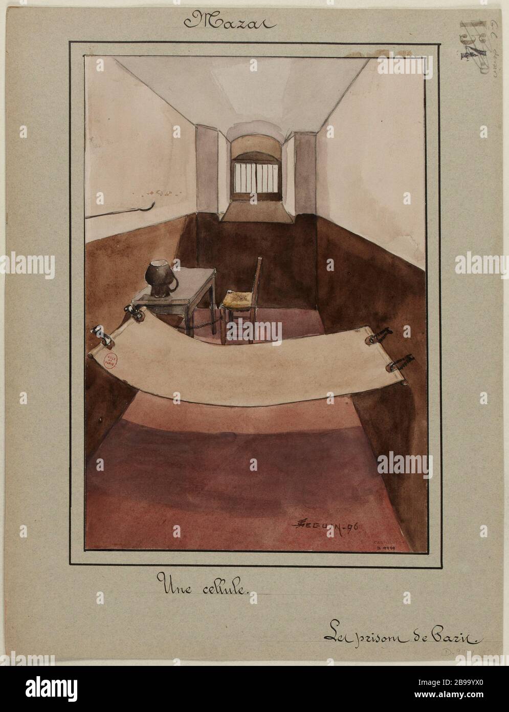The prisons of Paris; Interior view of a cell of the prison of Mazas ...