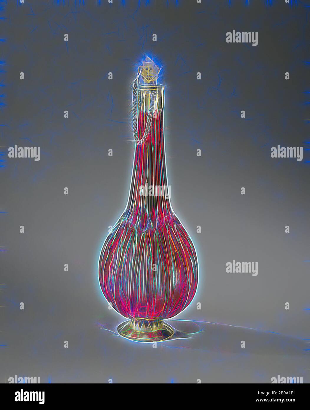 Bottle of ruby glass with flattened spherical body with vertical ribs ...