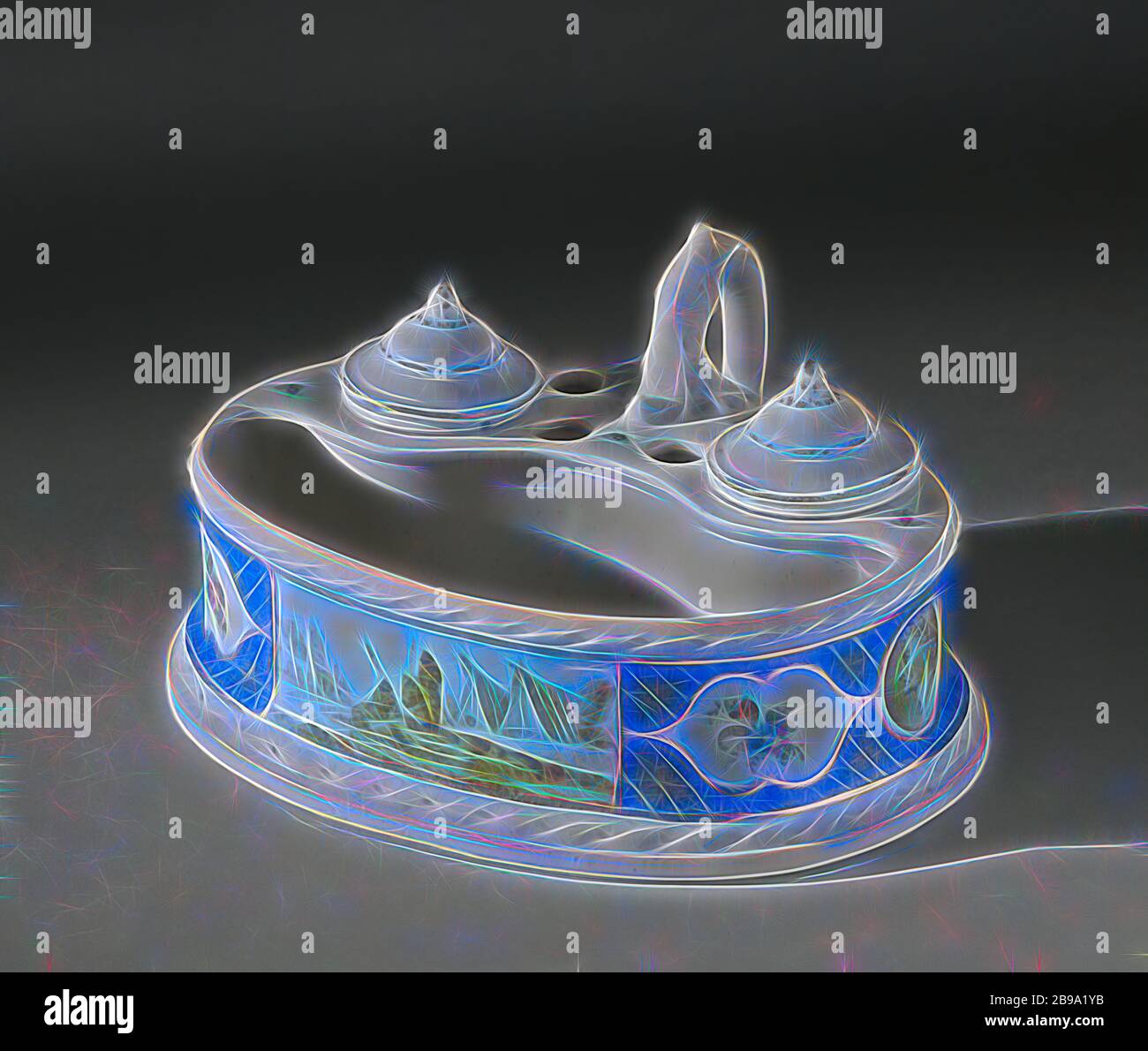 Ink set, painted with a landscape with figures at tents, Ink set of ...