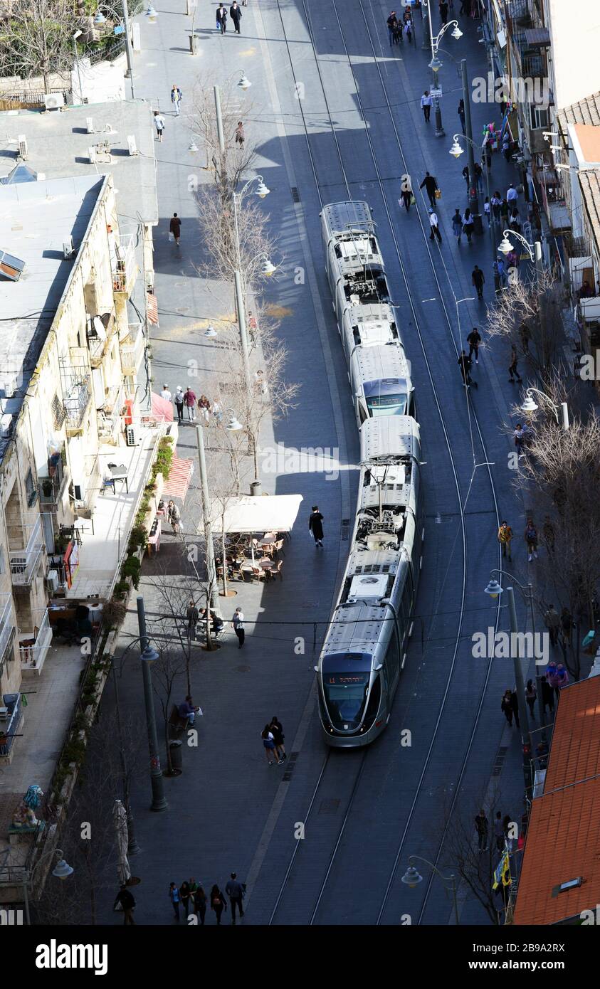 Aerial view of Jerusalem's light rail on Jaffa street in central ...