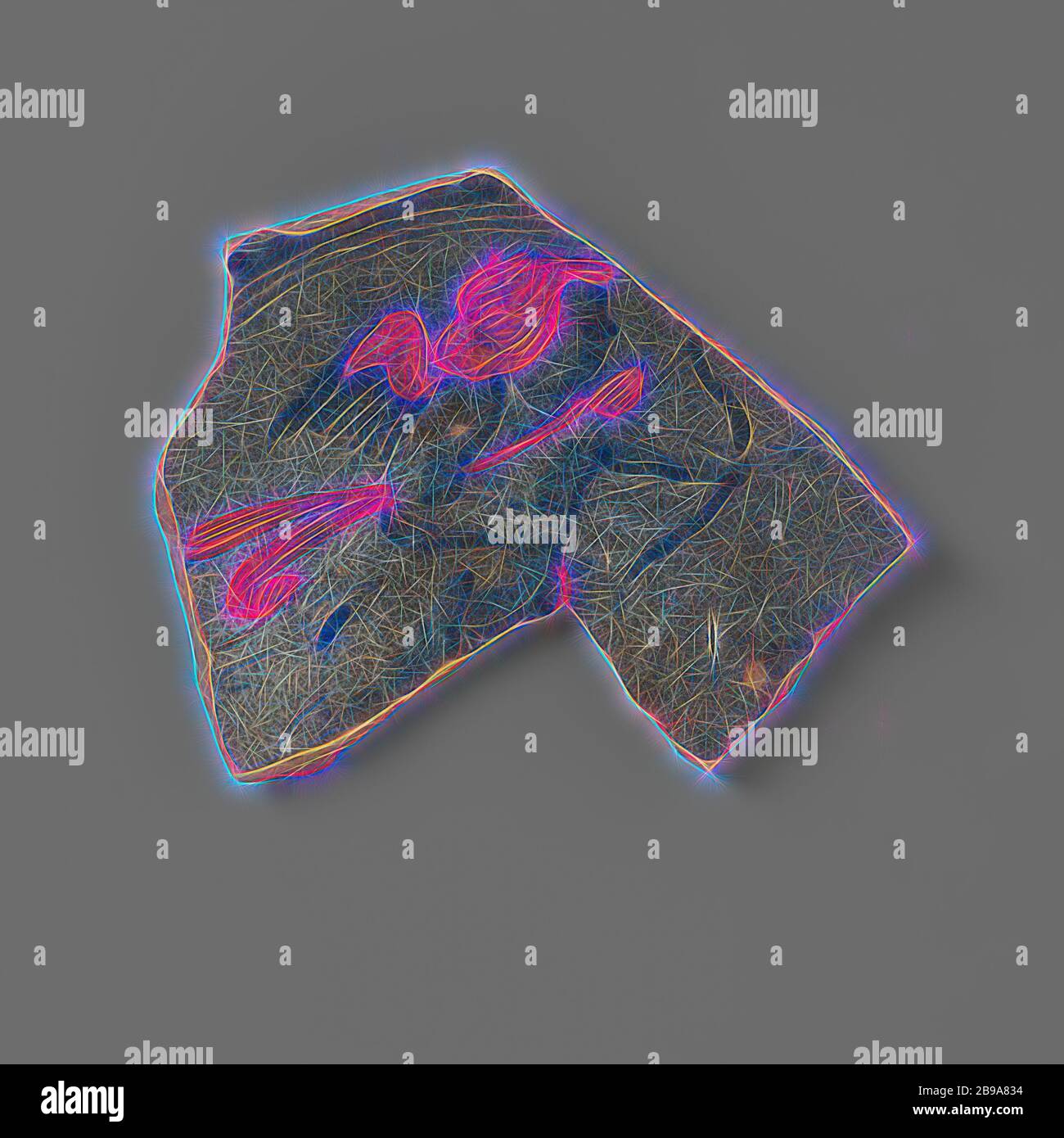 Pottery shrapnel with a drawing of an amor in blue and yellow ...