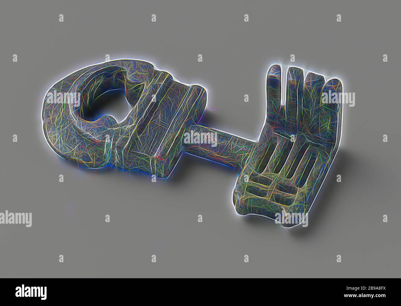 Key, Key with kidney-shaped handle resting on a heavy quadrangular and ...