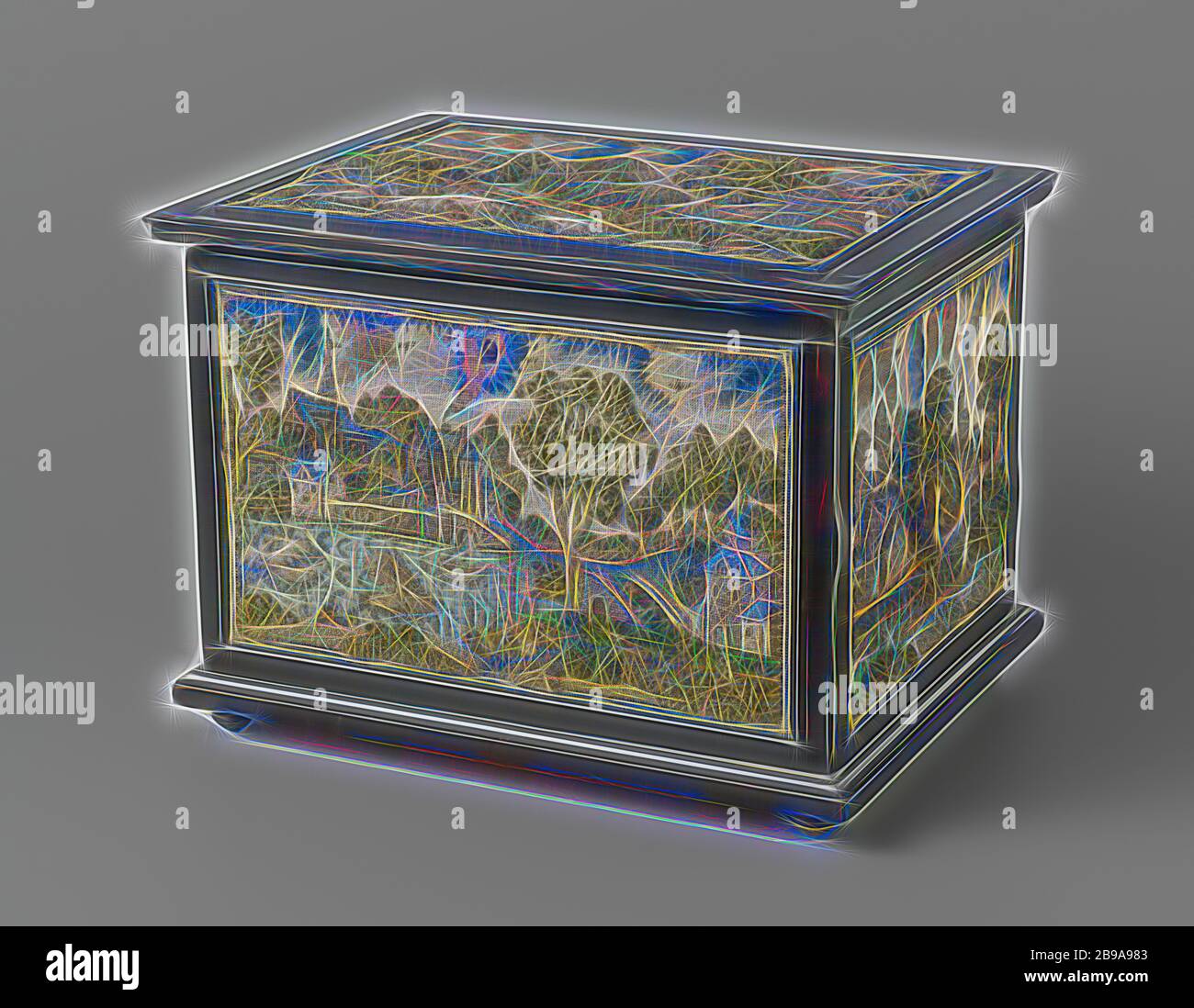 Ebony veneered rectangular box with stumpwork embroidery on the lid and ...