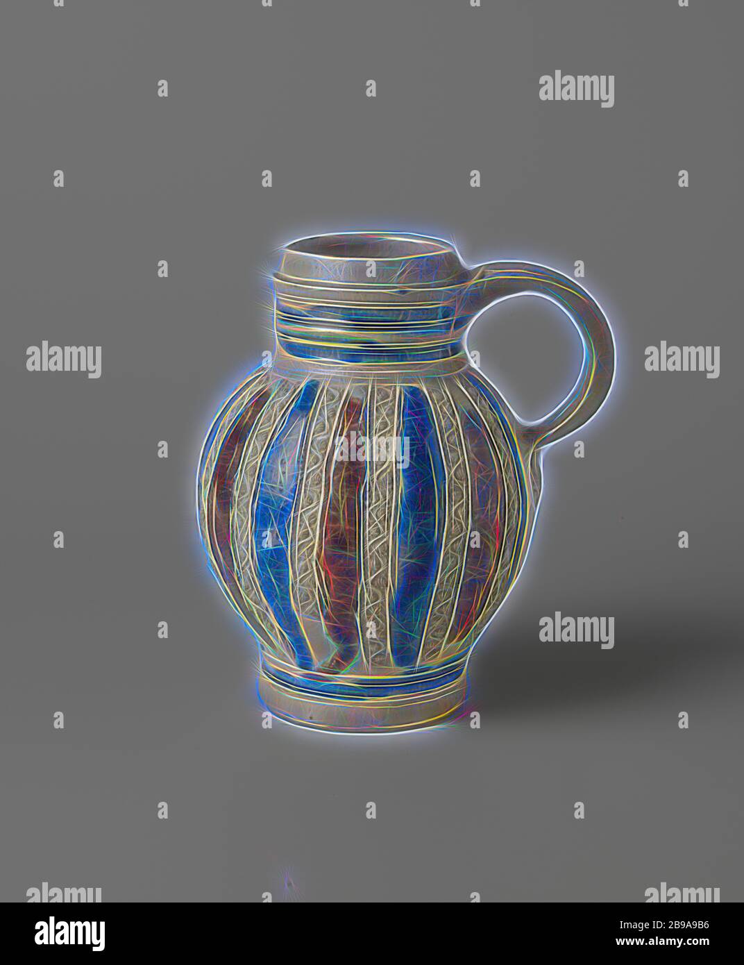 Jug with foliate scrolls and colored borders, Stoneware jug on high feet with an egg-shaped ...