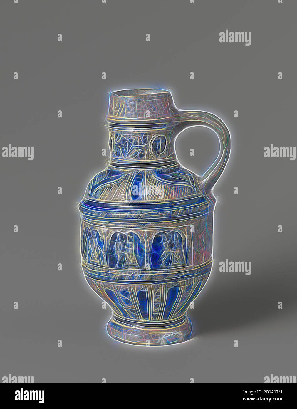 Jug with a dancing couple, Stoneware jug on a high foot with a ...