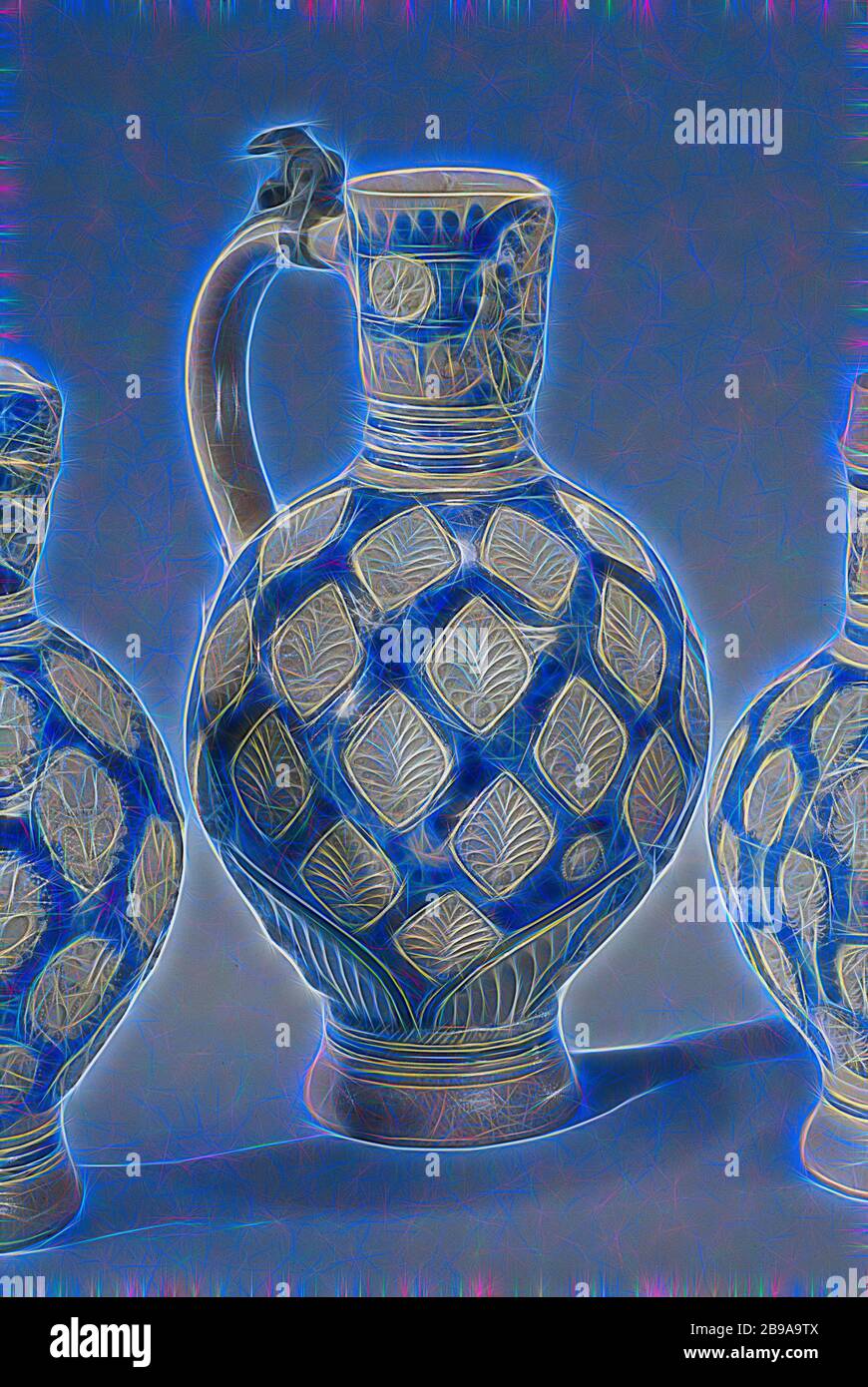 Jug with a lion's head and medallions, Stoneware jug on high feet with ...