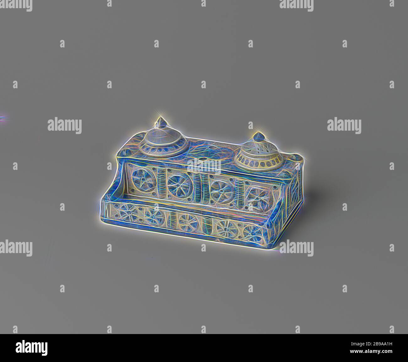 Ink stand with flower roundels, Stoneware ink set with a pencil box and ...