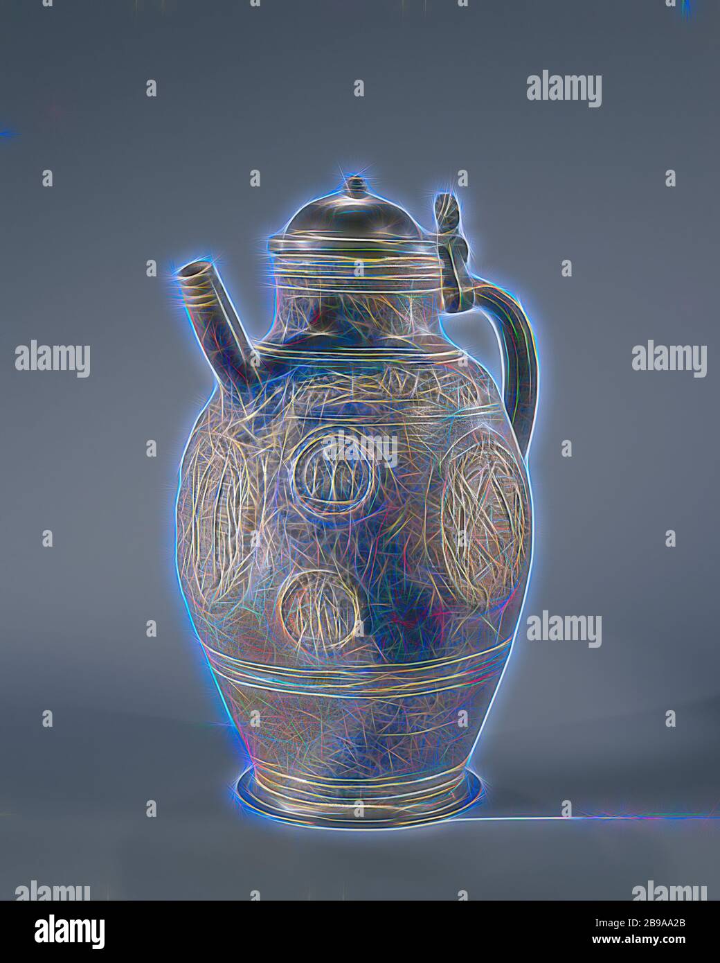 Jug with spout, flowers and ornamental borders, Can of stoneware on a ...