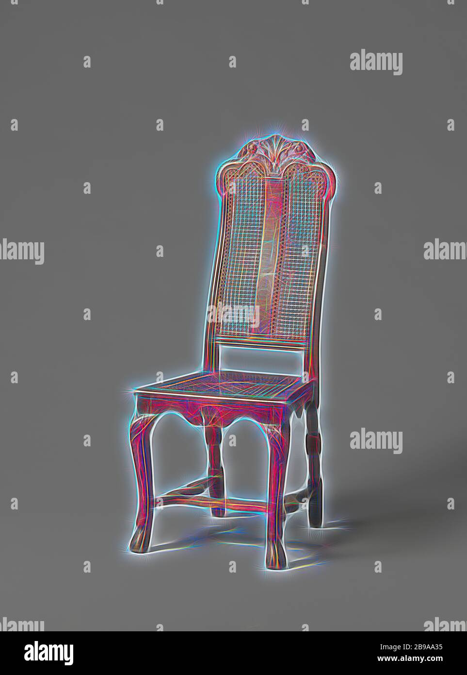 Stained beech wood chair. The furniture is covered with reed and has ...