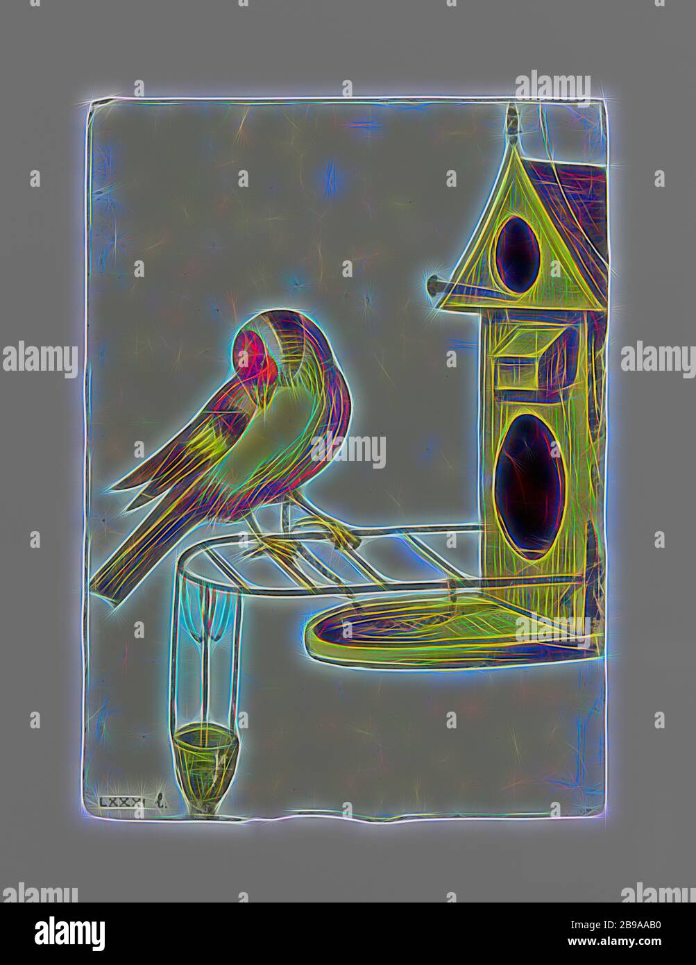 Window with a chained bird in front of a birdhouse, A window with ...