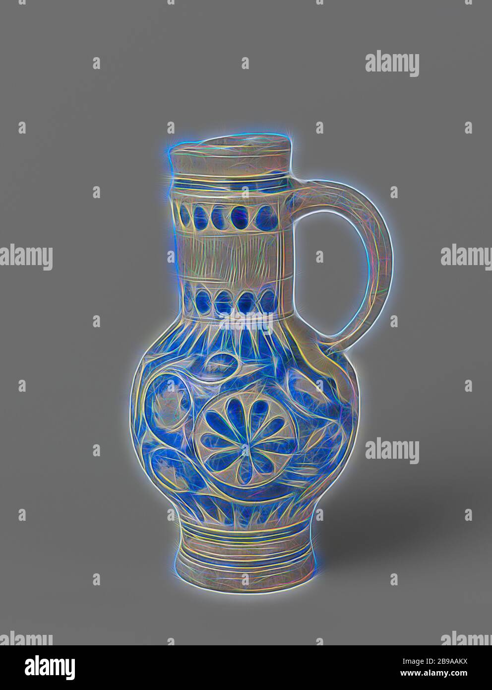 Jug with floral scrolls, Can of stoneware on high feet with a spherical body and long neck with ...