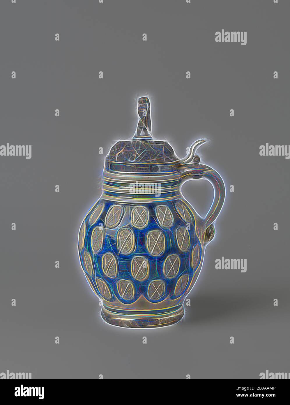 Jug with medallions and silver mount, Stoneware jug on high feet with a ...