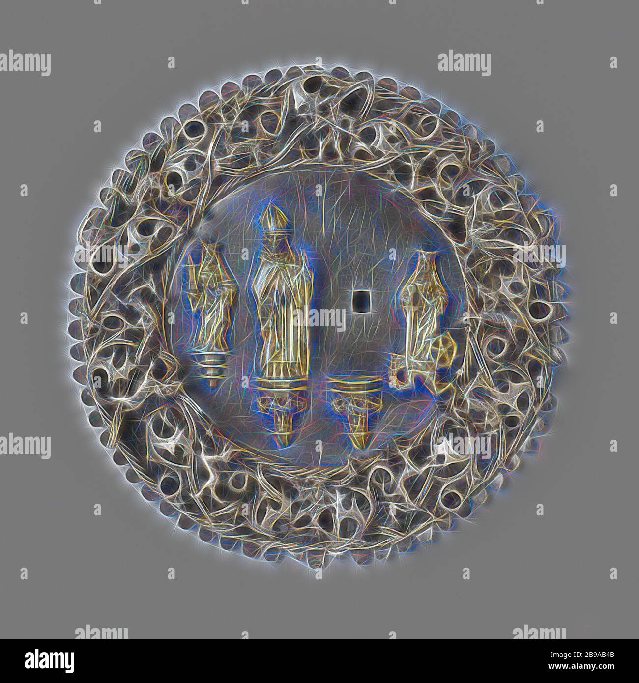 Two badges, Carrying sign with a bishop, flanked by Saint Catherine and ...