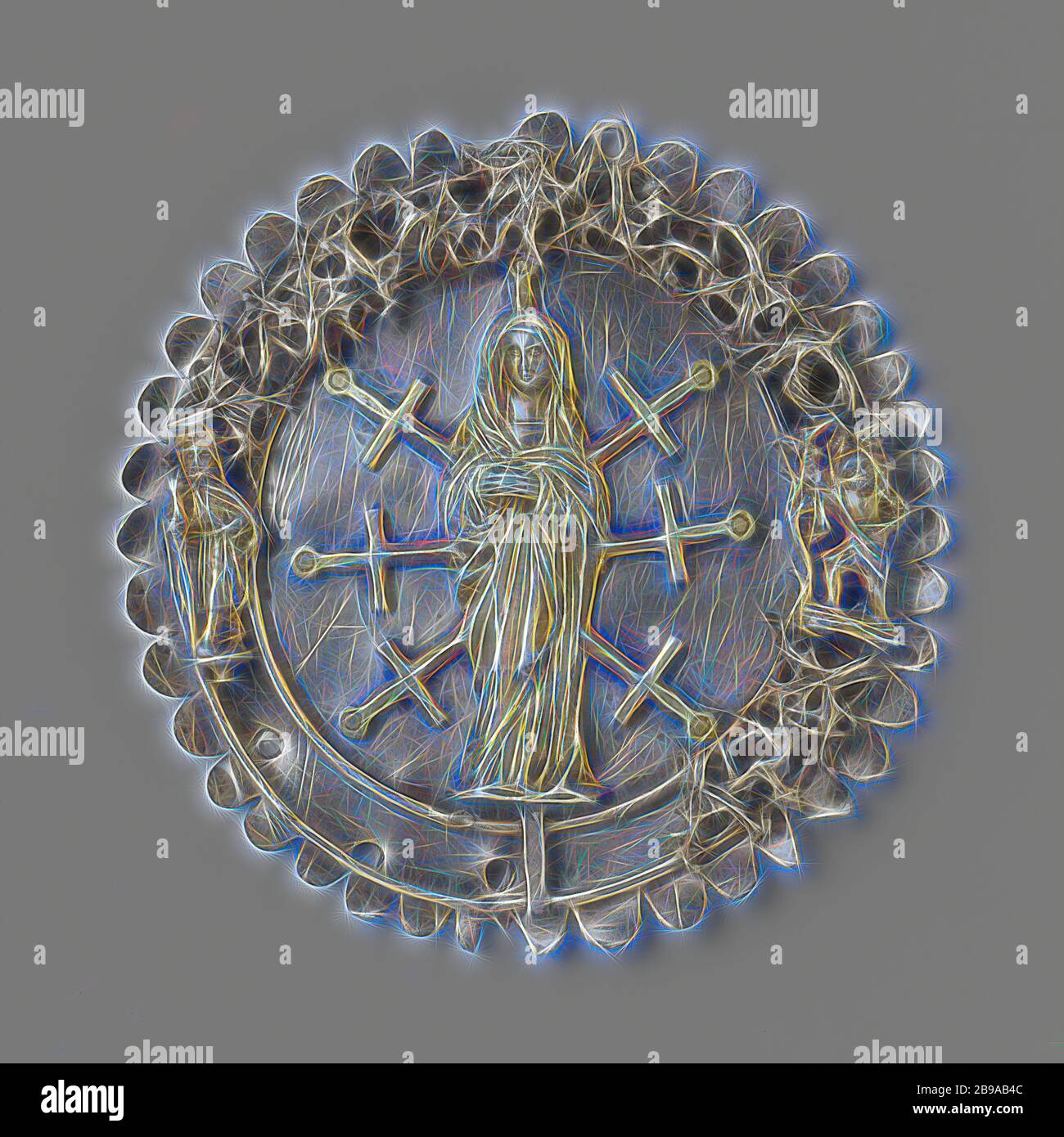 Two badges Carrying sign with Mary, flanked by Saint James and Saint ...