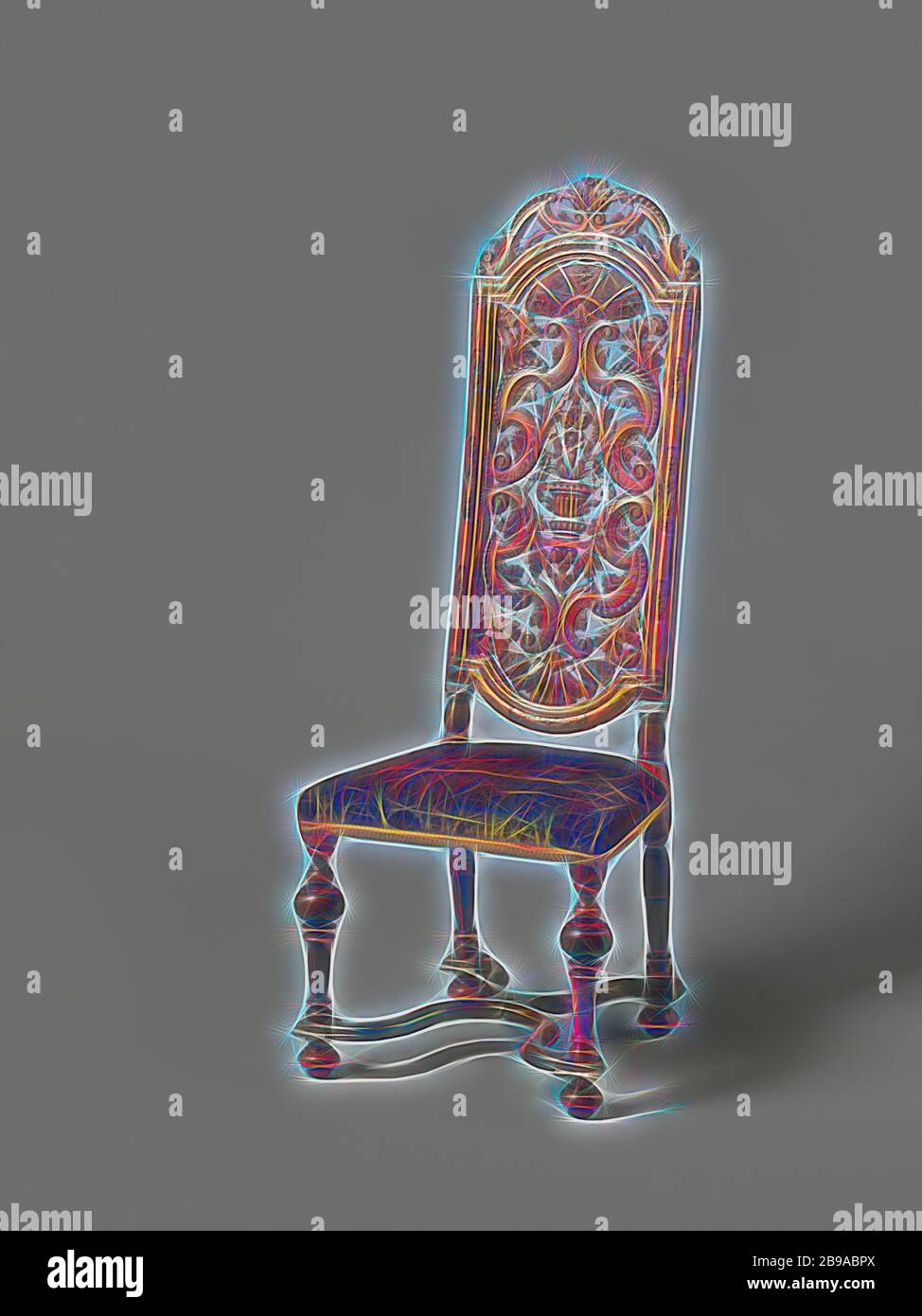 Chair with baluster-shaped legs, covered with floral green string. High ...