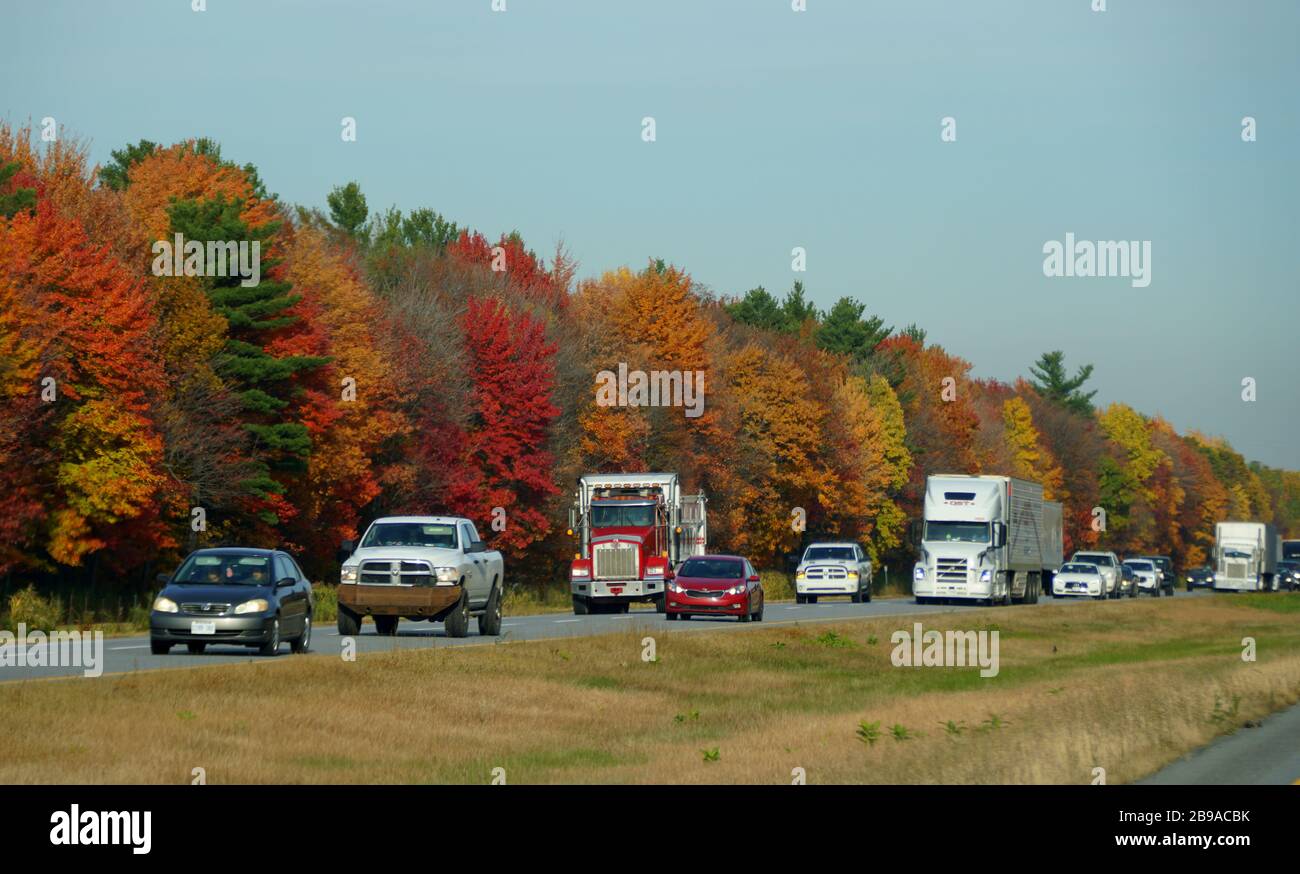 Ontario, Canada - October 27, 2019 - The view of heavy traffic on the ...
