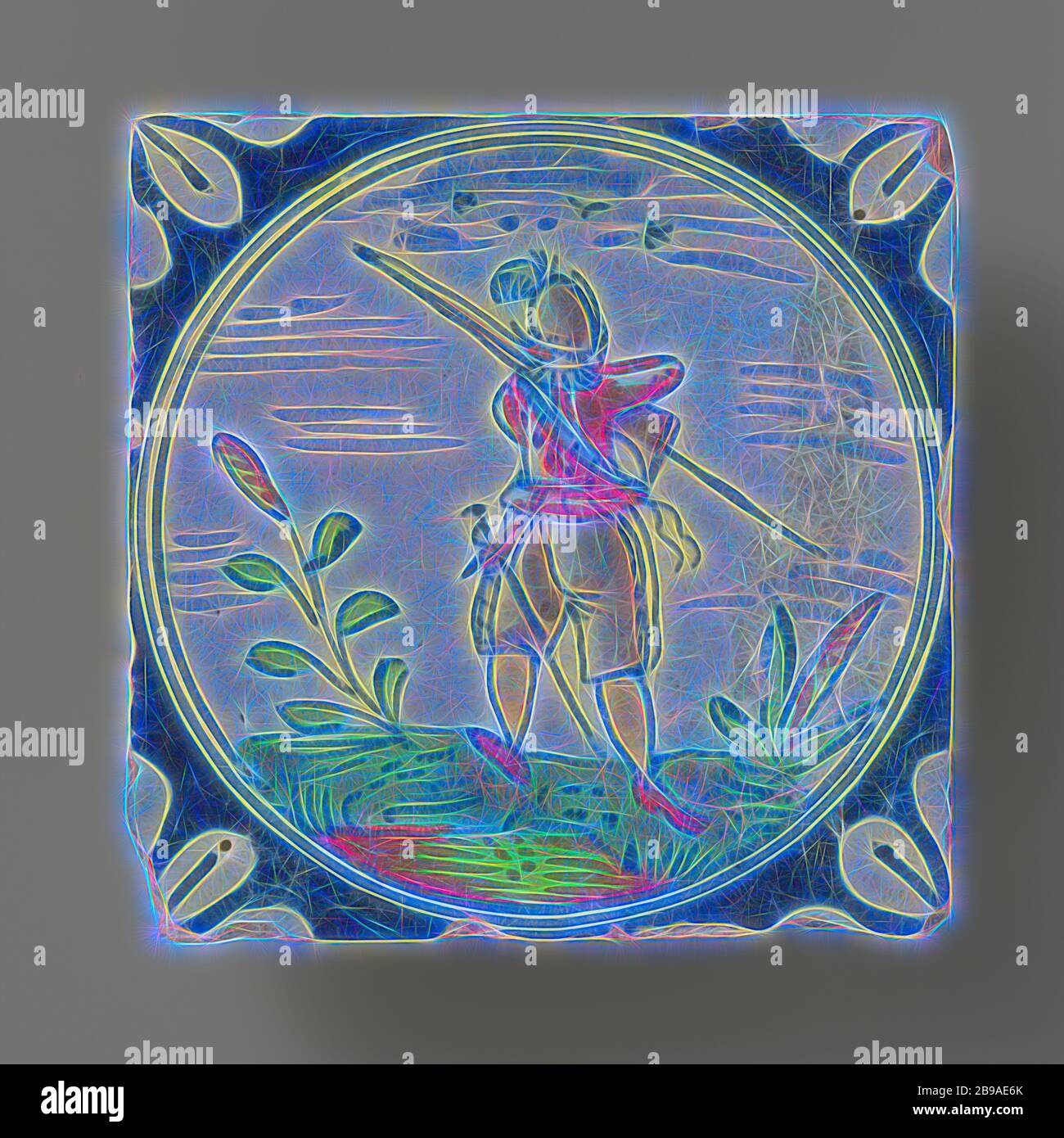 Tile, multicolored painted with a soldier or flag-bearer, multicolored ...