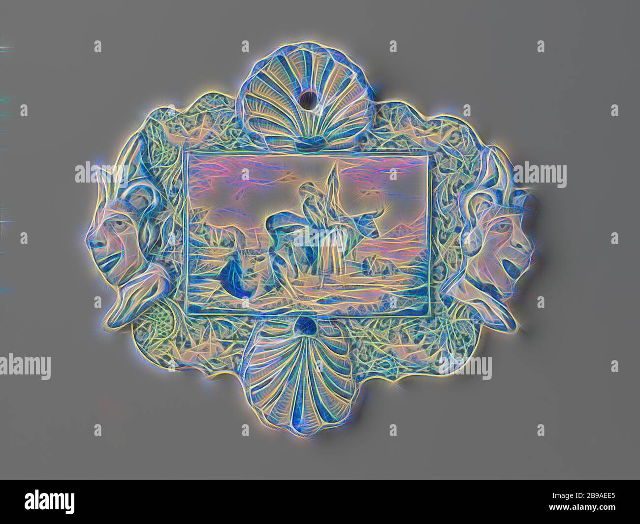 Plate, rectangular, with two shells and two jester heads embossed ...