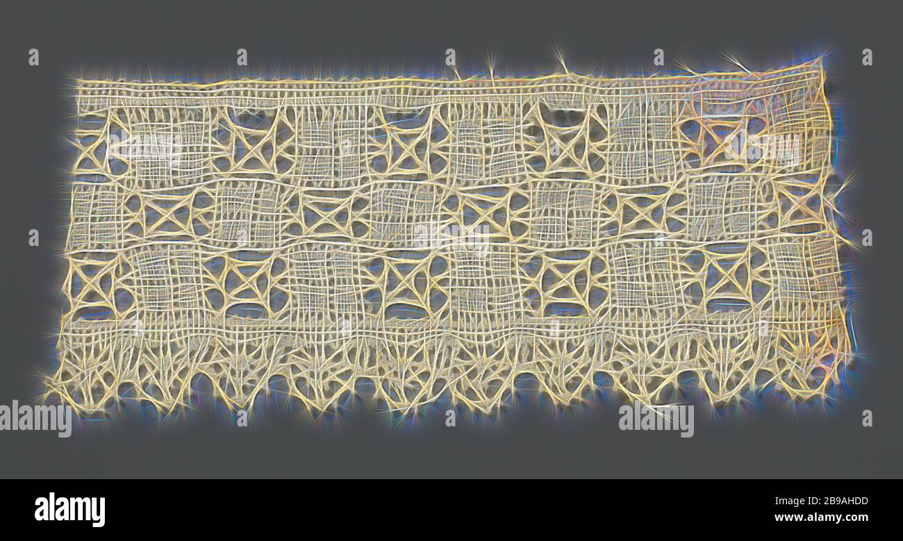 Strip of bobbin lace with three rows of squares and scallop edge, Strip ...