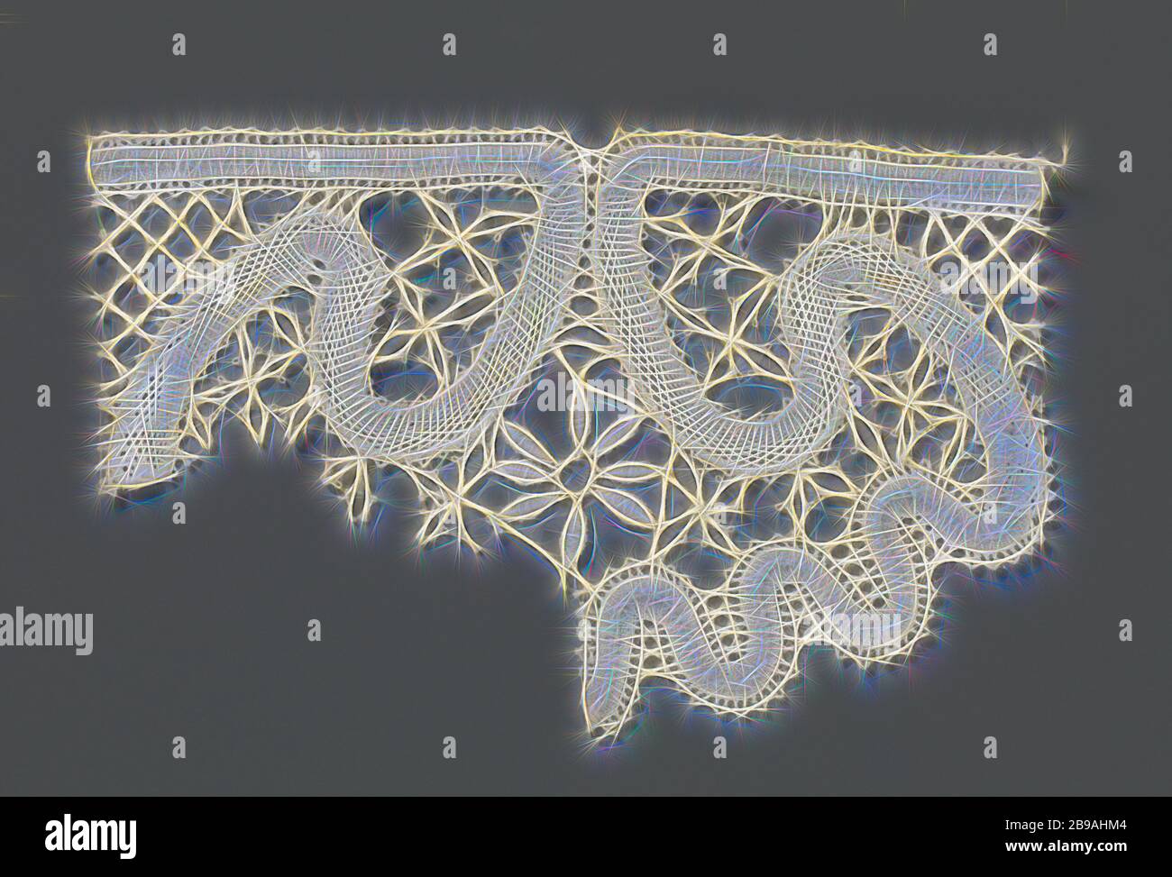 Strip of spool lace with ribbons forming a symmetrical pattern from ...