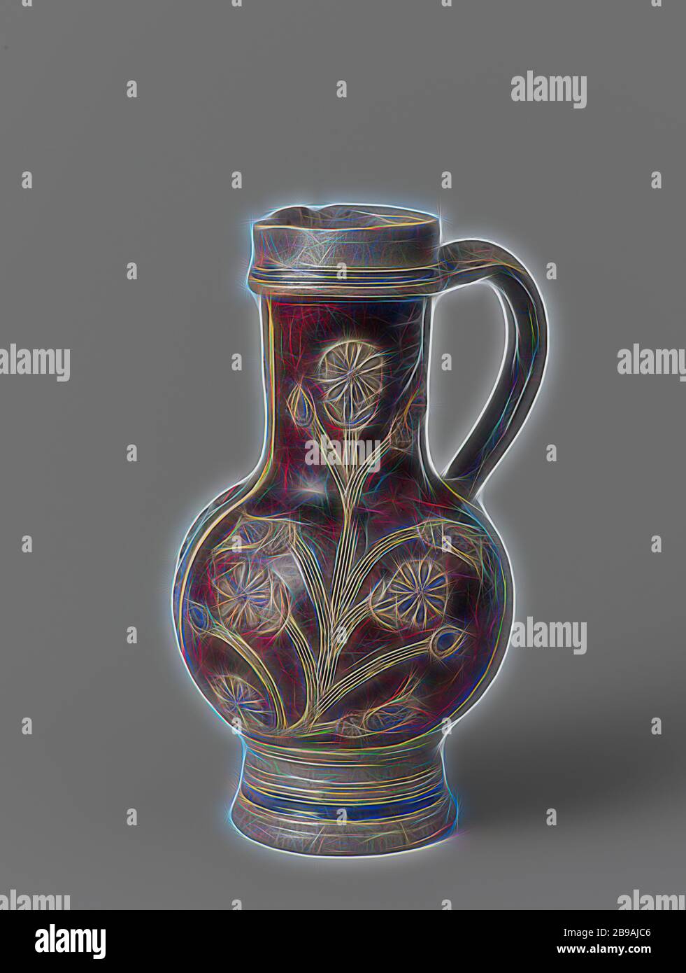 Jug with floral scrolls, Can of stoneware on high feet with a spherical body and narrow, long ...