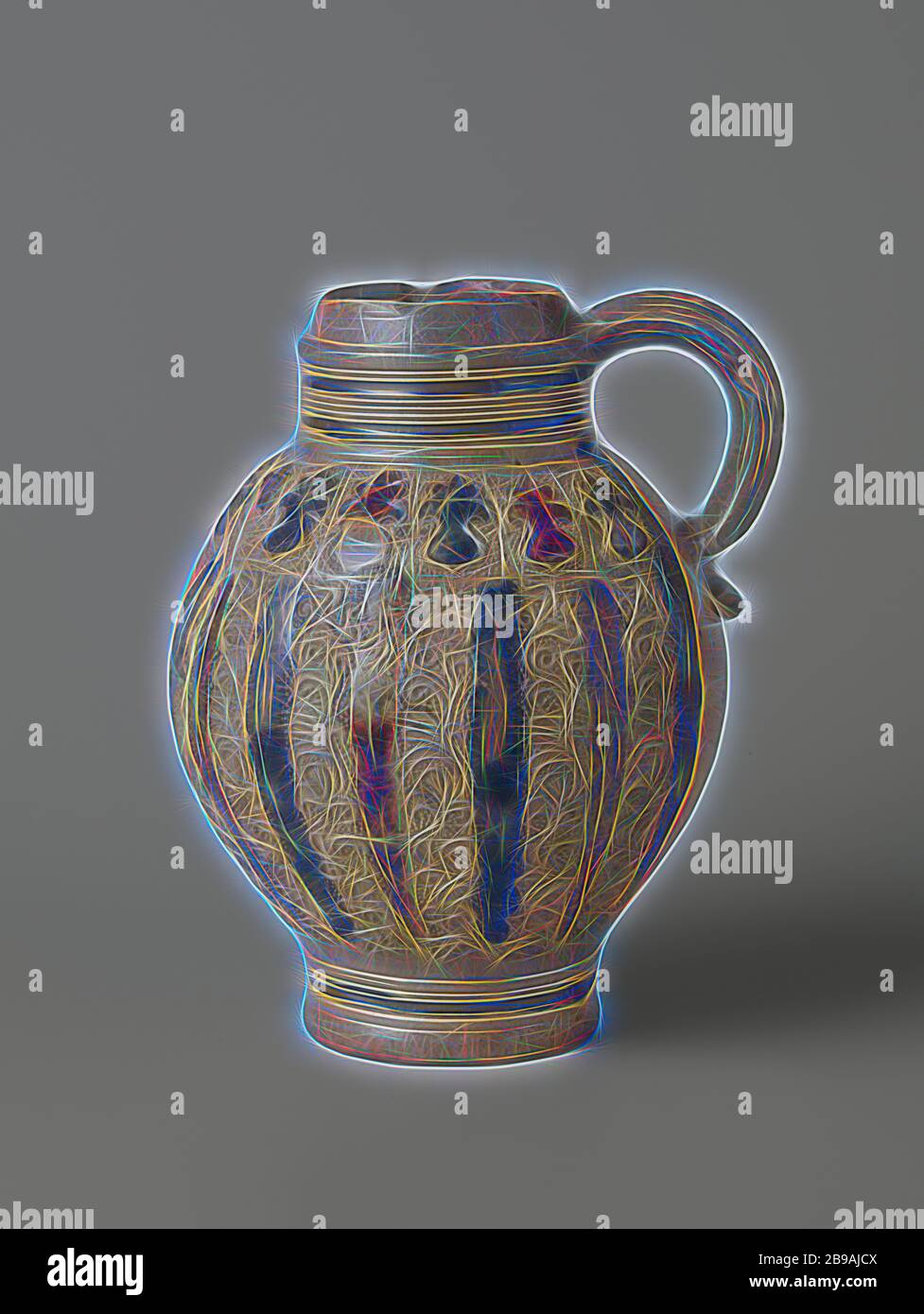 Jug with foliate scrolls and colored borders, Stoneware jug on high feet with an egg-shaped ...