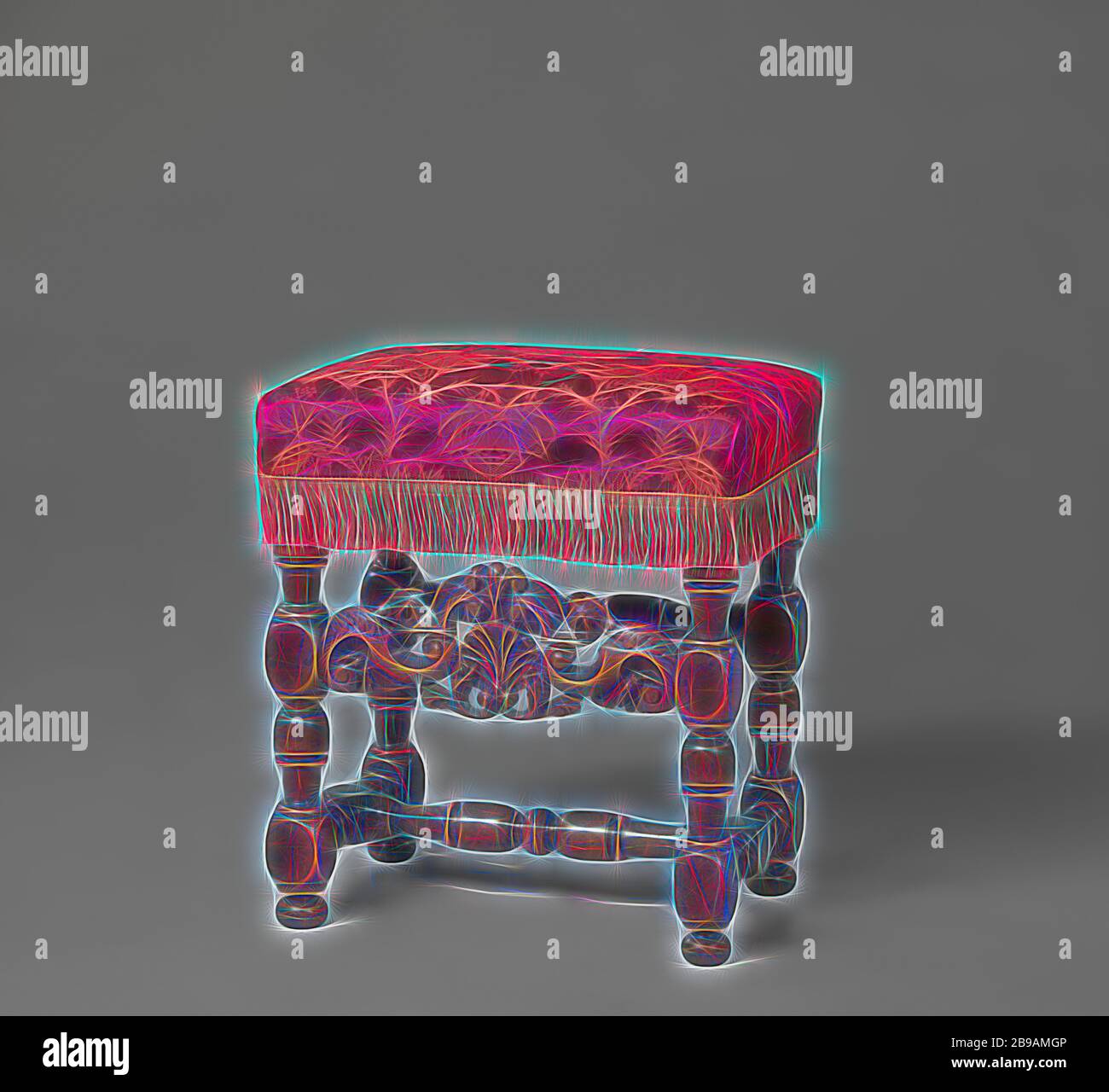 Two stools Taboeret with upholstered seat, resting on legs connected by ...