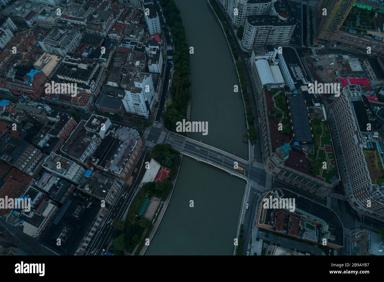 Aerial view from above Suzhou River in the dawn, on a cloudy day ...